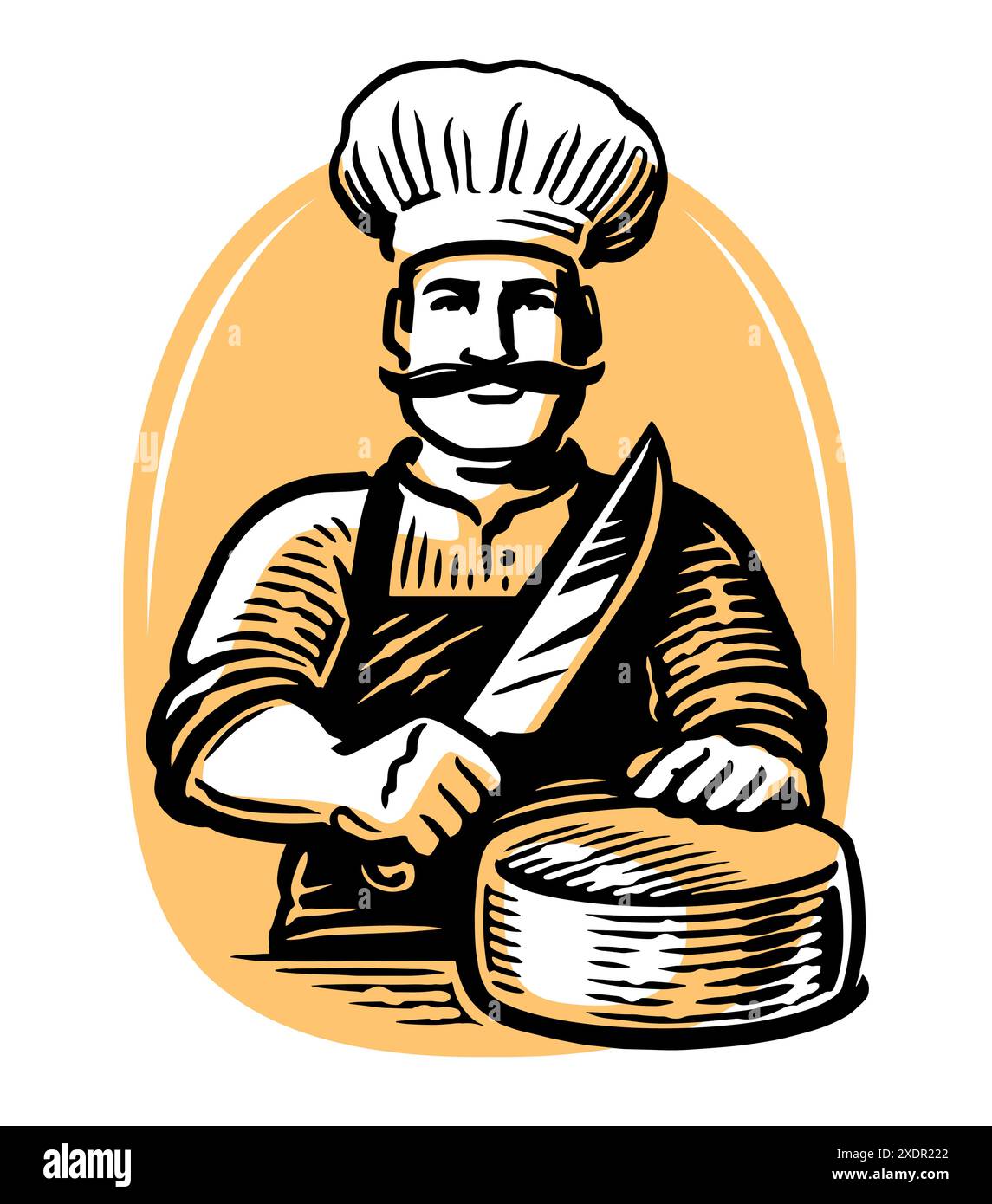 Chef with knife and head of cheese. Organic farm dairy product emblem ...