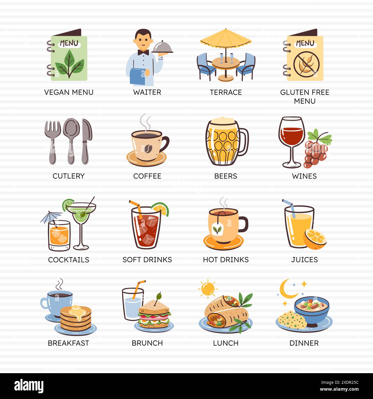 Restaurant icon set. Hand-drawn colorful icons for restaurants: Drinks ...