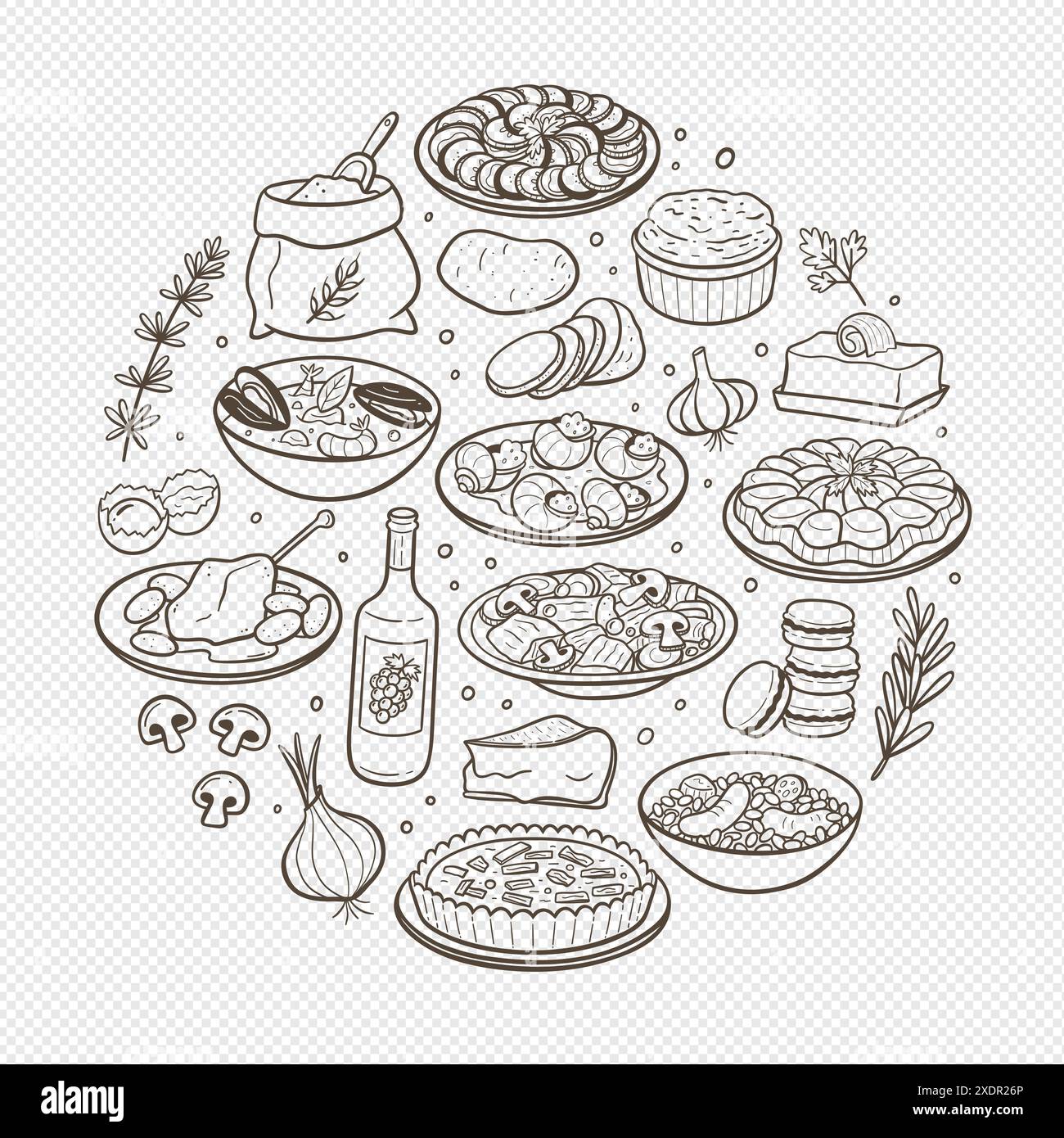 Hand-drawn typical French food plates and the most used ingredients in ... Hand-drawn typical French food plates and the most used ingredients in ...