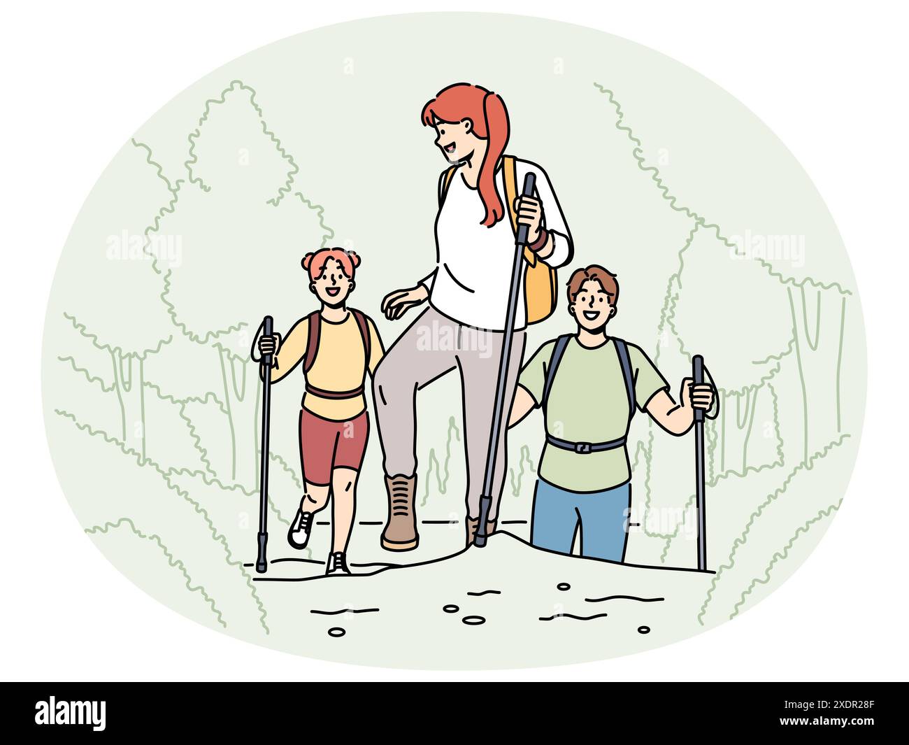 Smiling people with walking canes hiking in mountains in summer. Happy ...