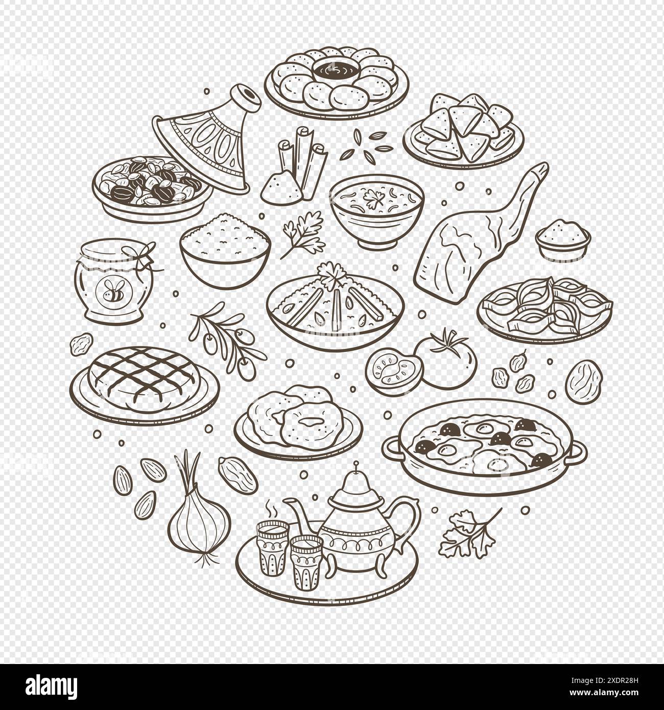 Hand-drawn typical food plates in Morocco and the most used ingredients ...