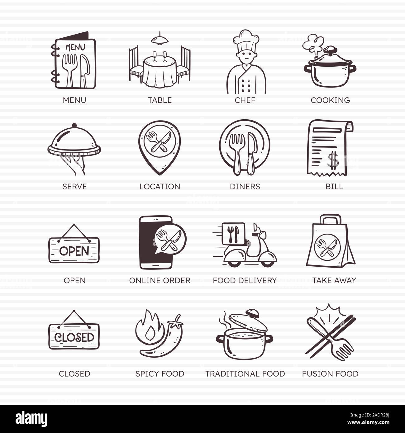 Restaurant icon set. Hand-drawn doodle icons for restaurants: Menu ...