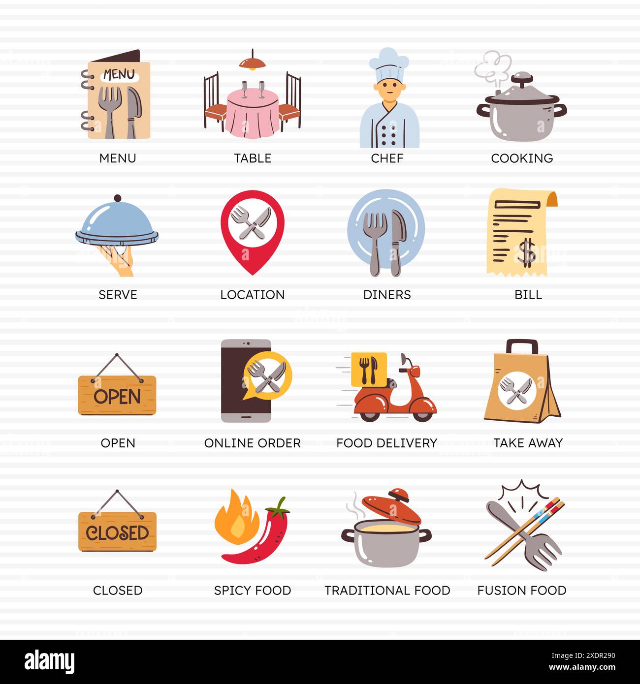 Restaurant icon set. Hand-drawn colorful icons for restaurants: Menu ... Restaurant icon set. Hand-drawn colorful icons for restaurants: Menu ...