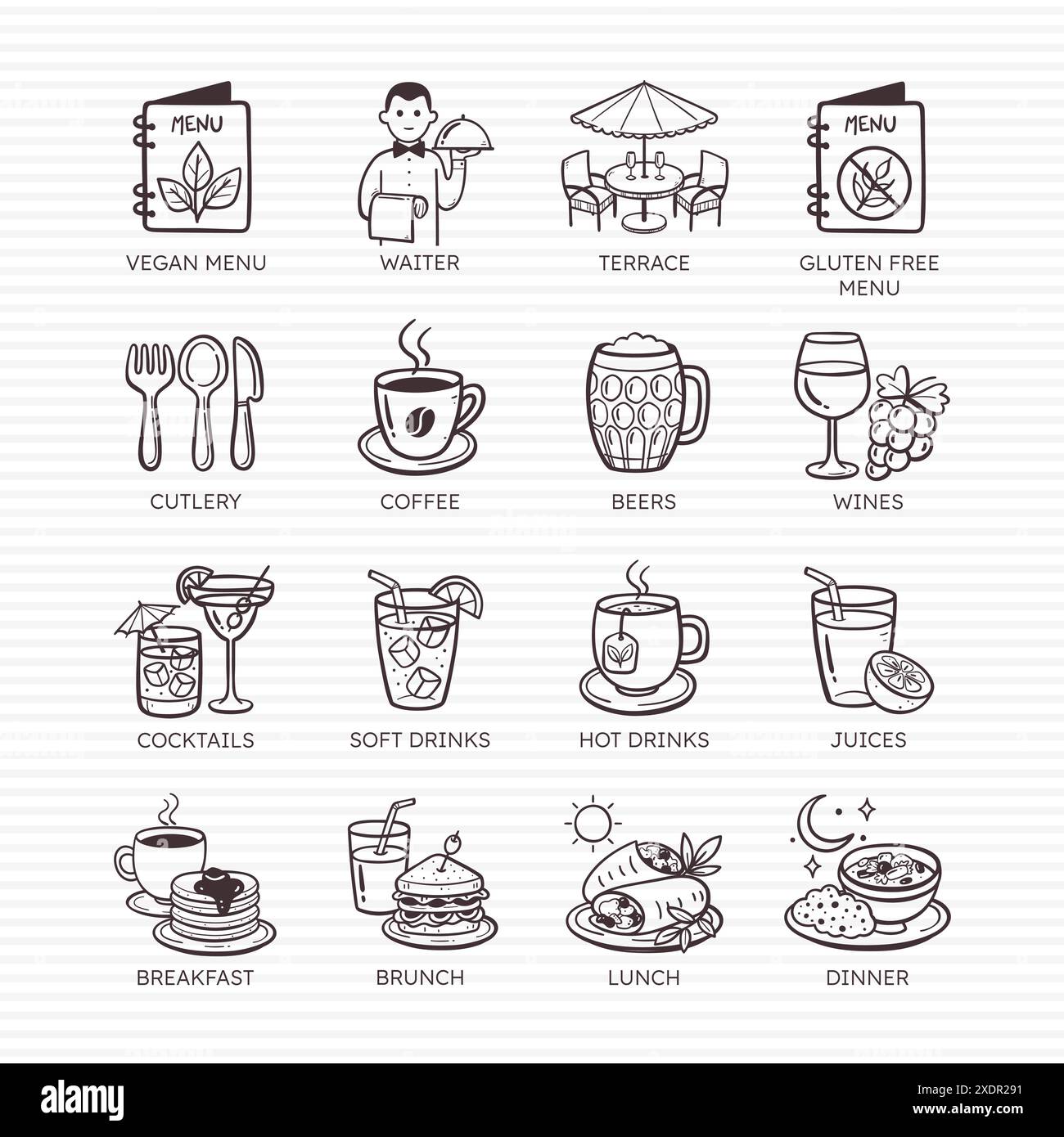 Restaurant icon set. Hand-drawn doodle icons for restaurants: Drinks, special menus, brunch ...