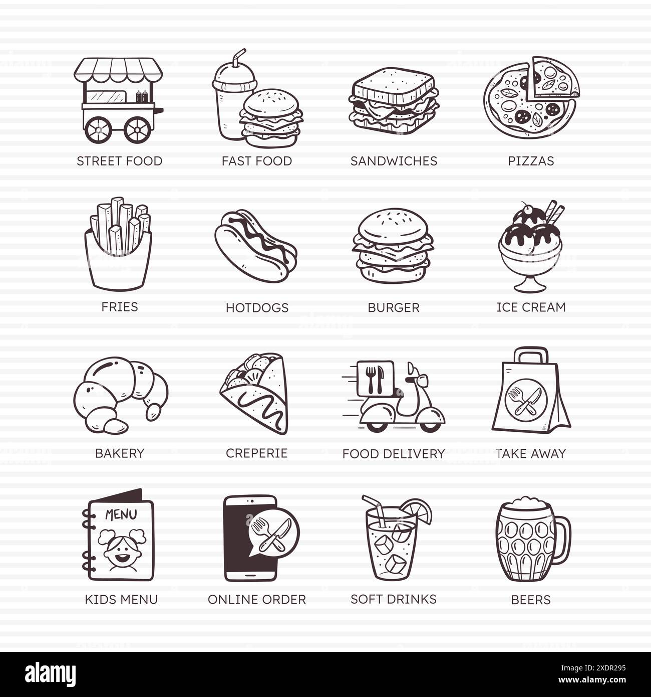 Restaurant icon set. Hand-drawn doodle icons for restaurants: burgers ...
