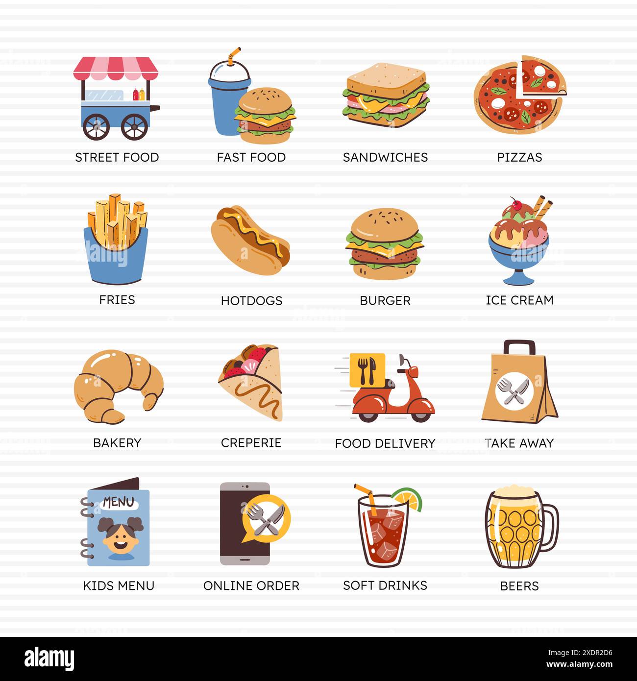 Restaurant icon set. Hand-drawn colorful icons for restaurants: burgers ...