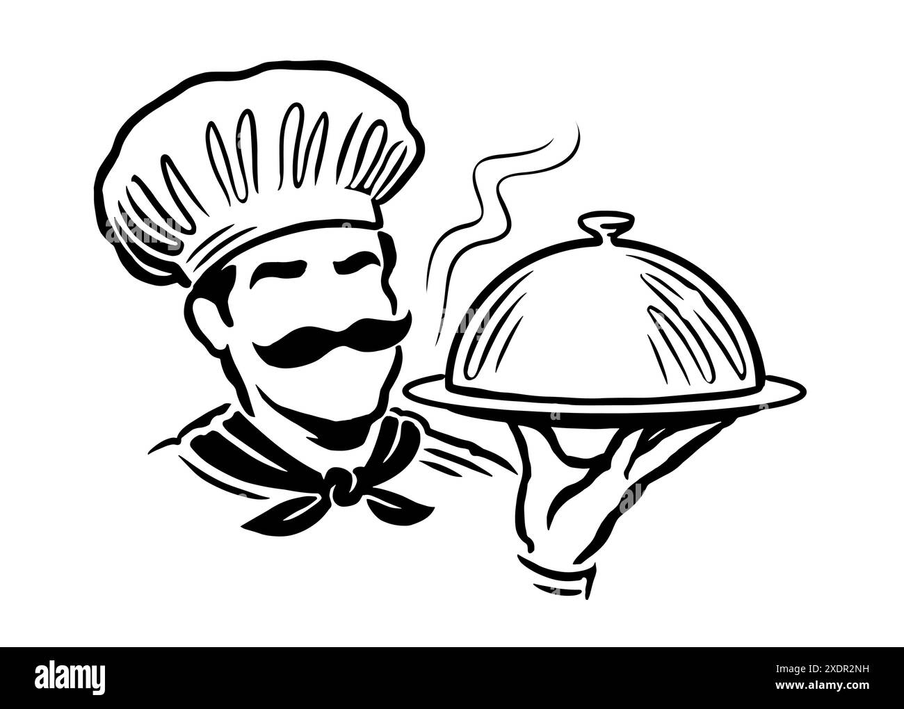 Chef with tray of food in hand emblem. Male cook in hat logo, label ...