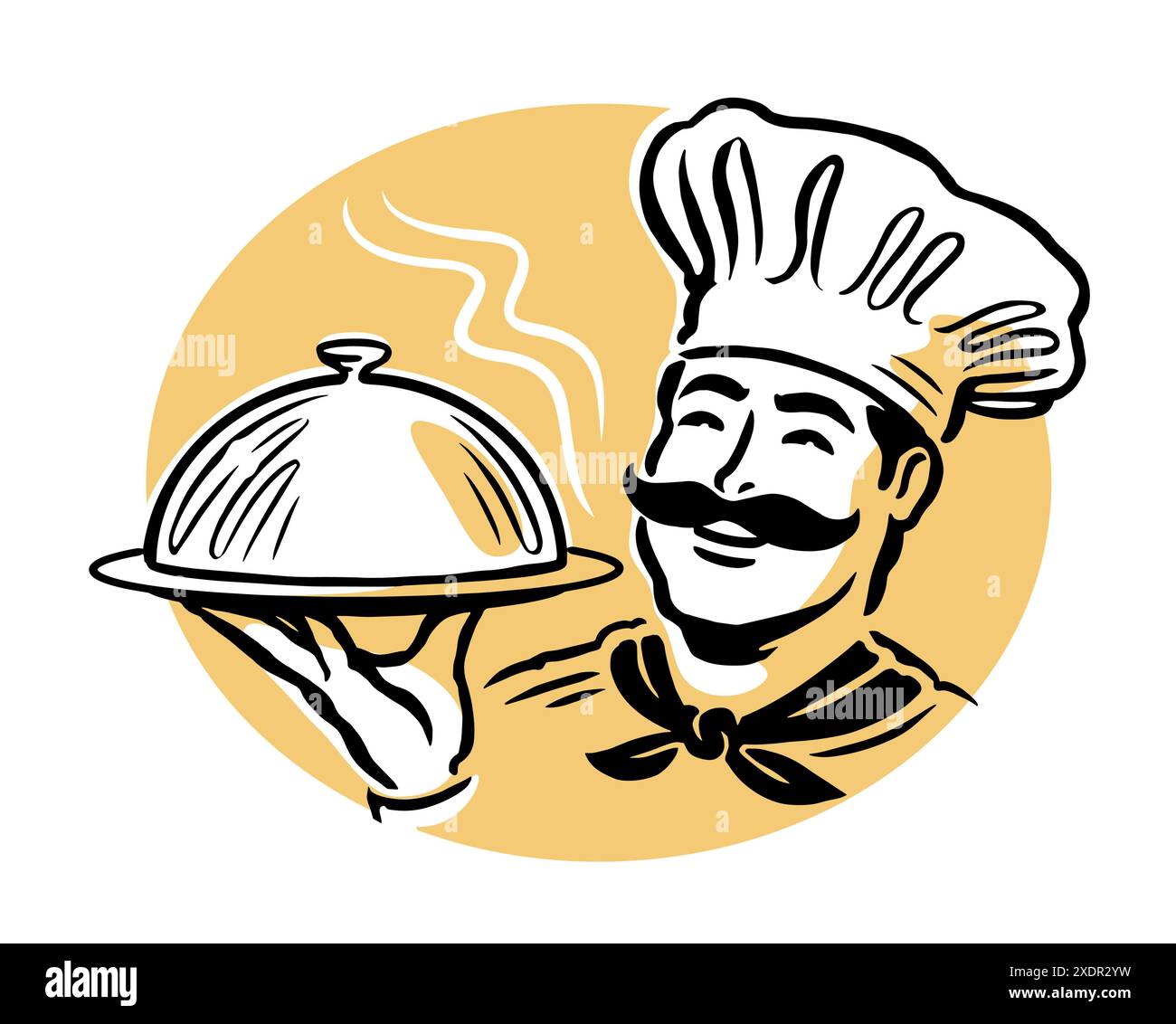 Chef with tray of food in hand emblem. Cooking logo. Vector ...
