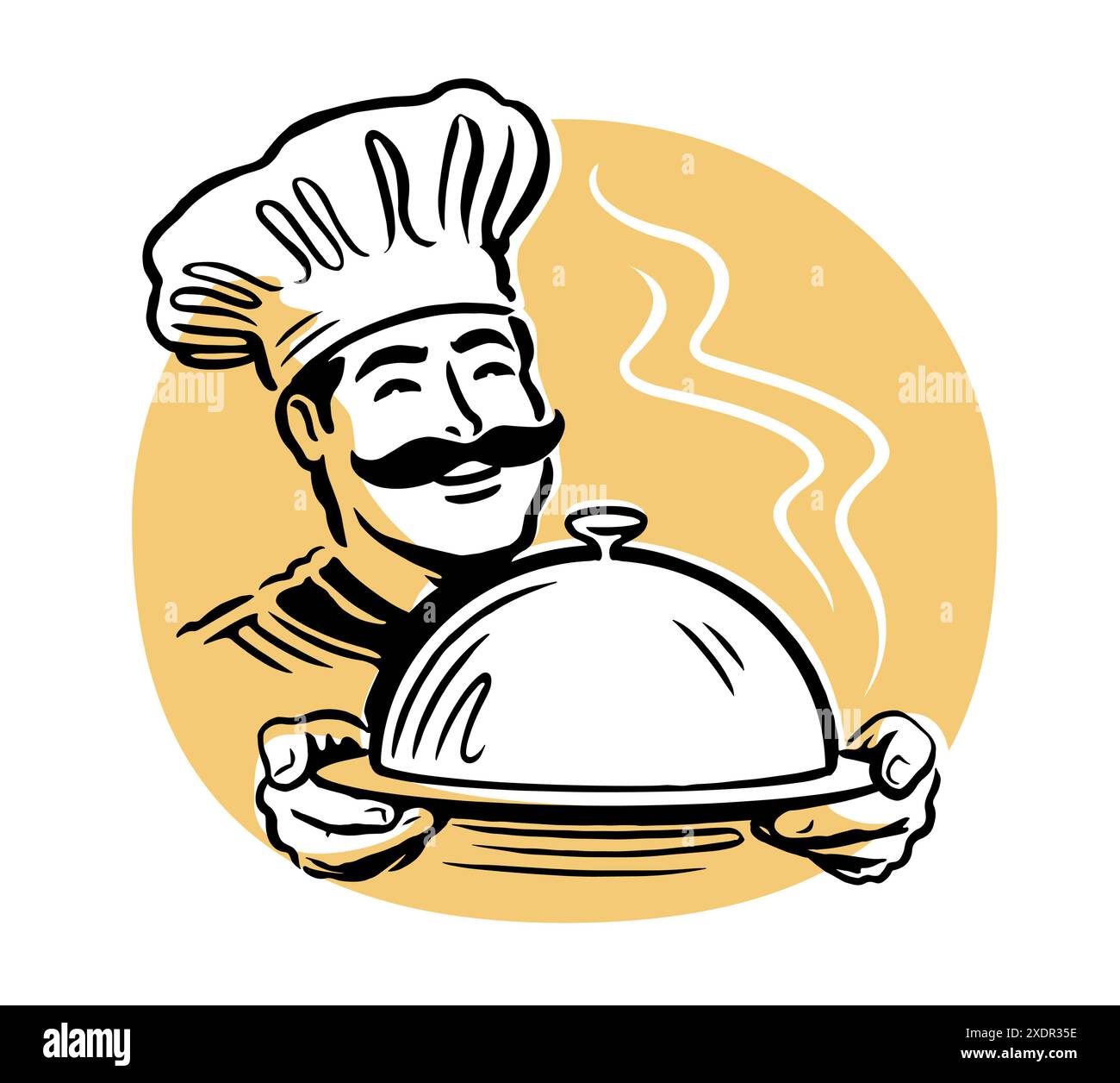 Chef with tray in his hands emblem. Cook in hat logo or badge. Symbol ...