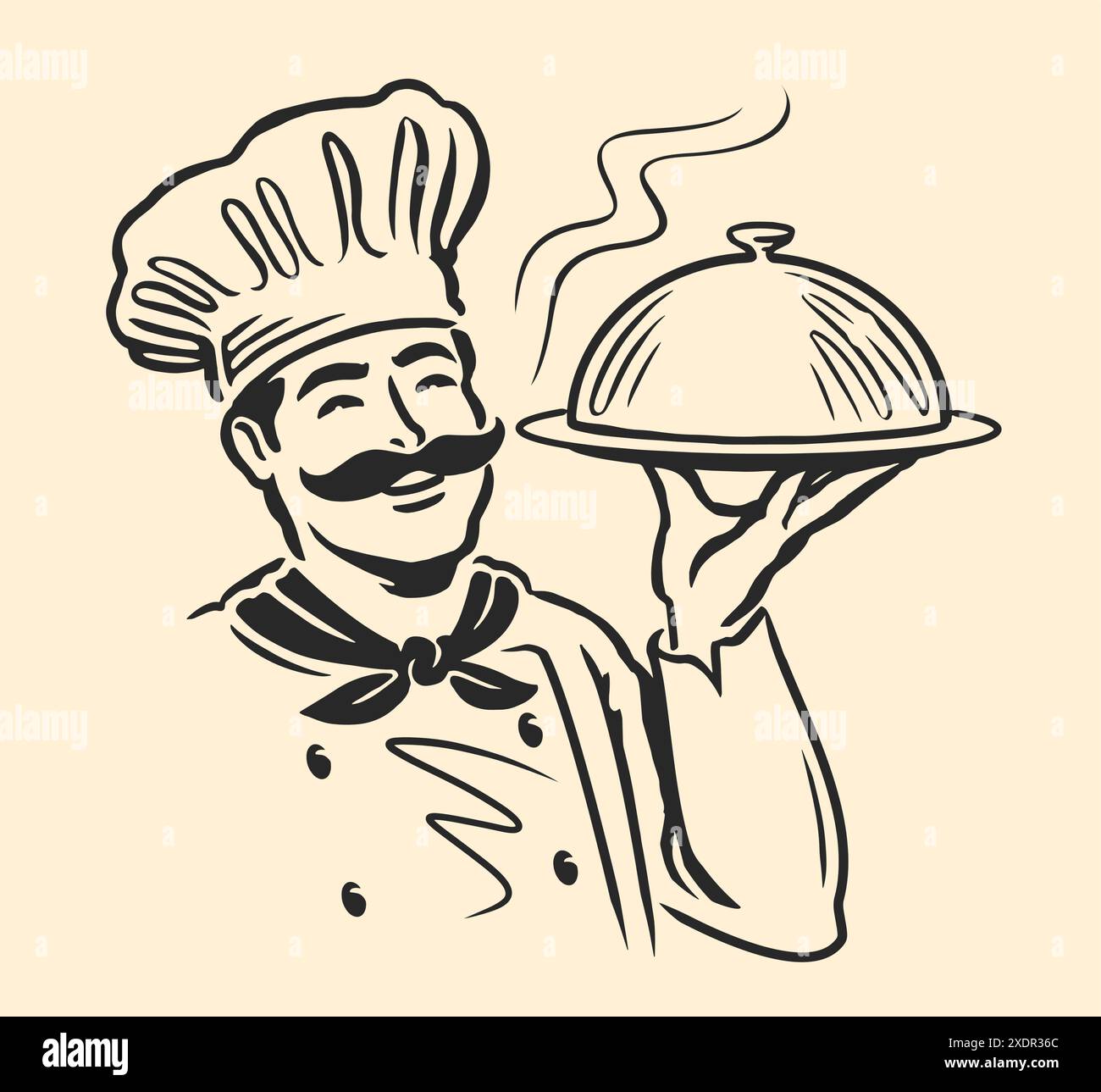 Happy chef with tray of food in hand. Vector illustration for ...