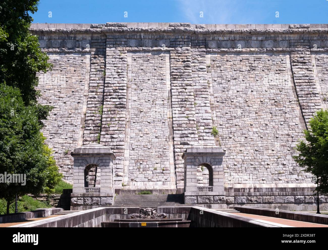 A view of the Kensico Dam from the Plaza park below on a sunny spring ...