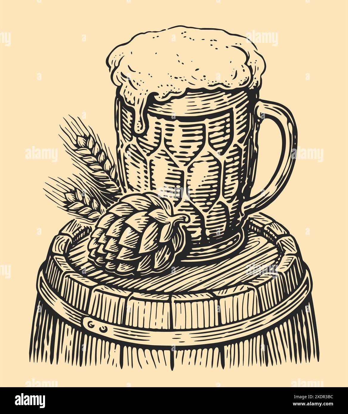 Glass mug full of foamy ale drink on wooden barrel. Beer concept. Hand ...