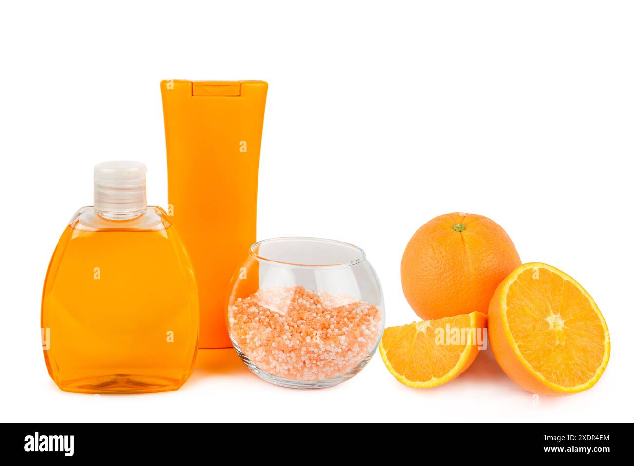 Sun cream, shampoo and bath salt with orange oil isolated on white ...