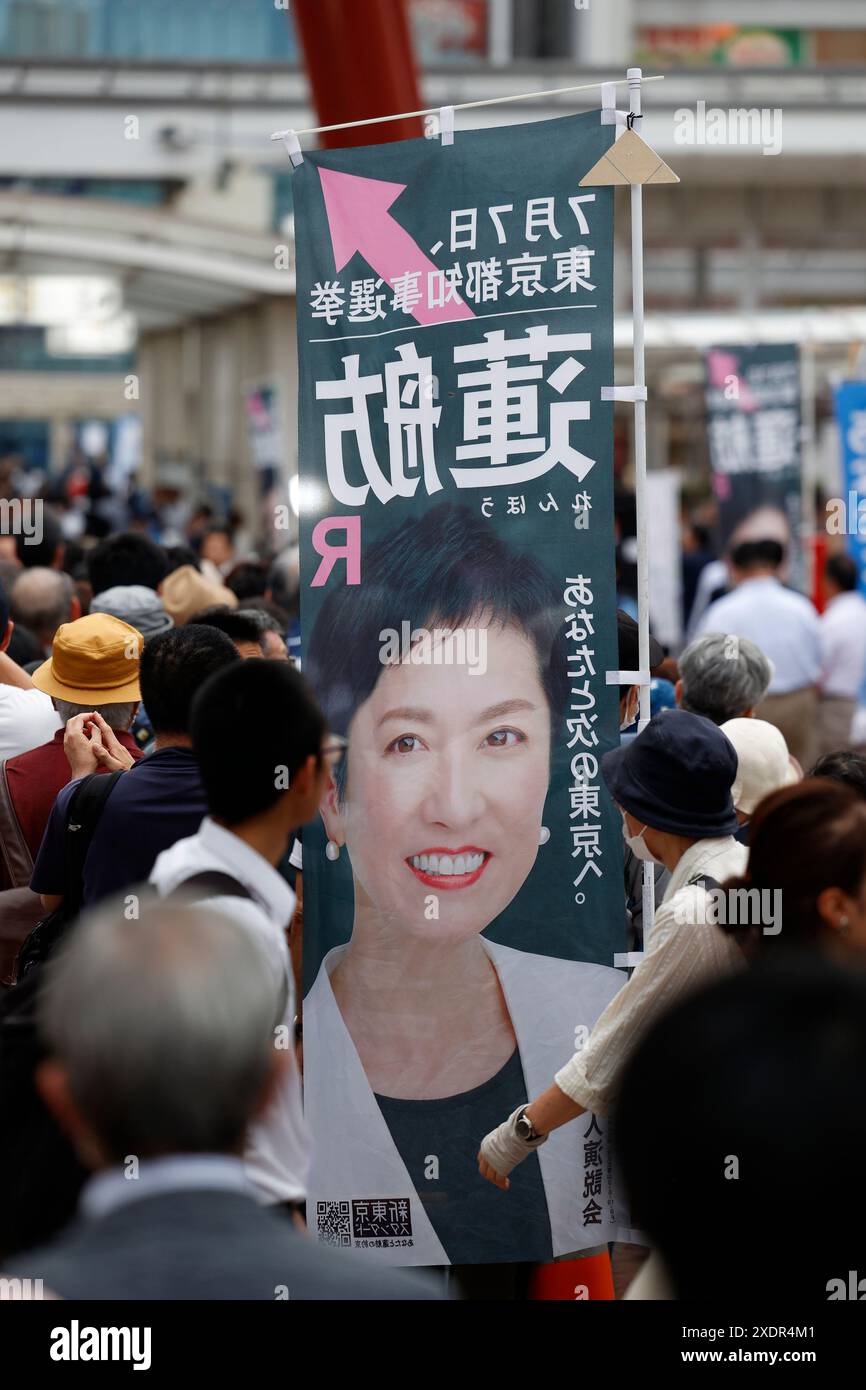 Tokyo, Japan. 24th June, 2024. A banner of the independent candidate ...