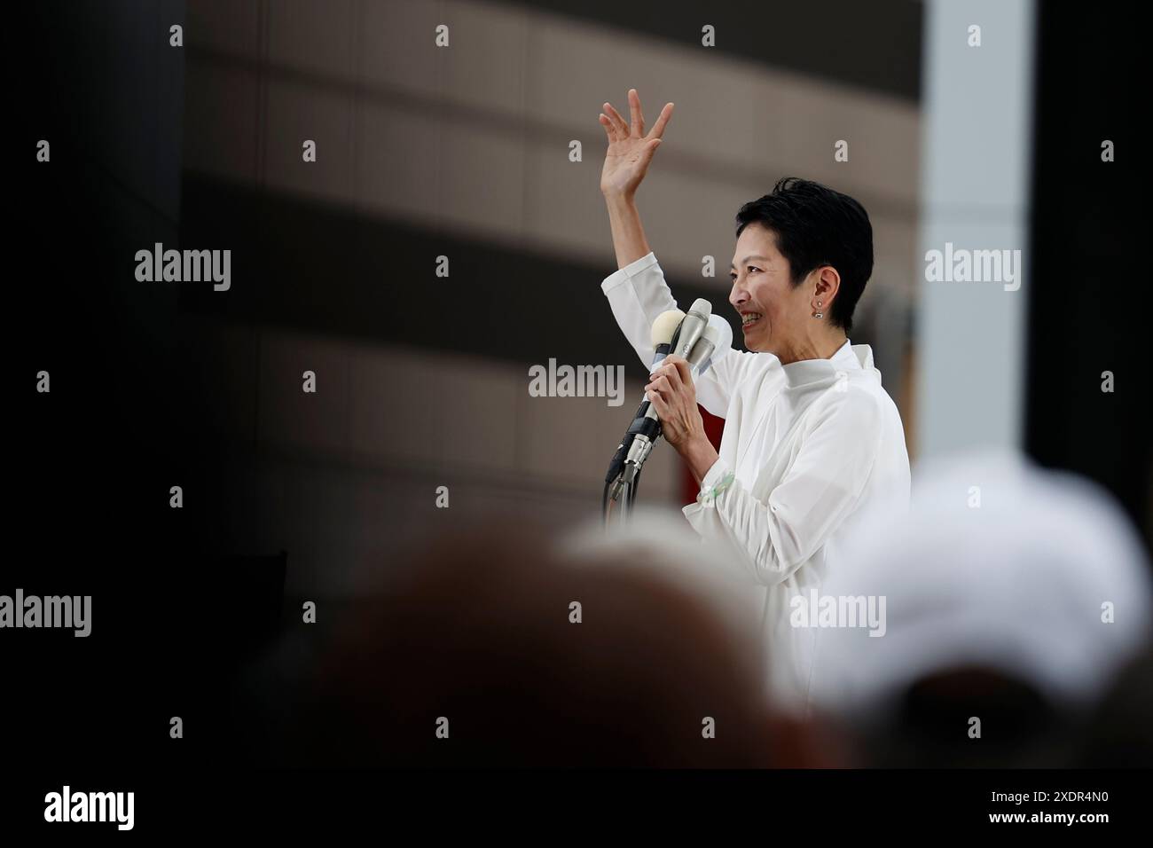 Tokyo, Japan. 24th June, 2024. Renho Saito delivers a street speech ...