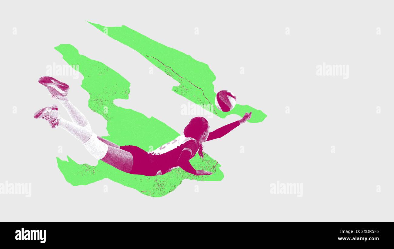 Competitive young woman, volleyball player in motion, hitting ball and ...