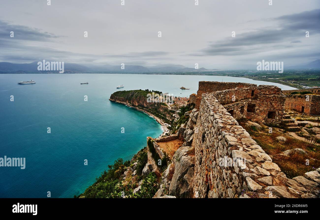 Coastline of Nafplio city and the fortress of Palamidi, Pelopones ...