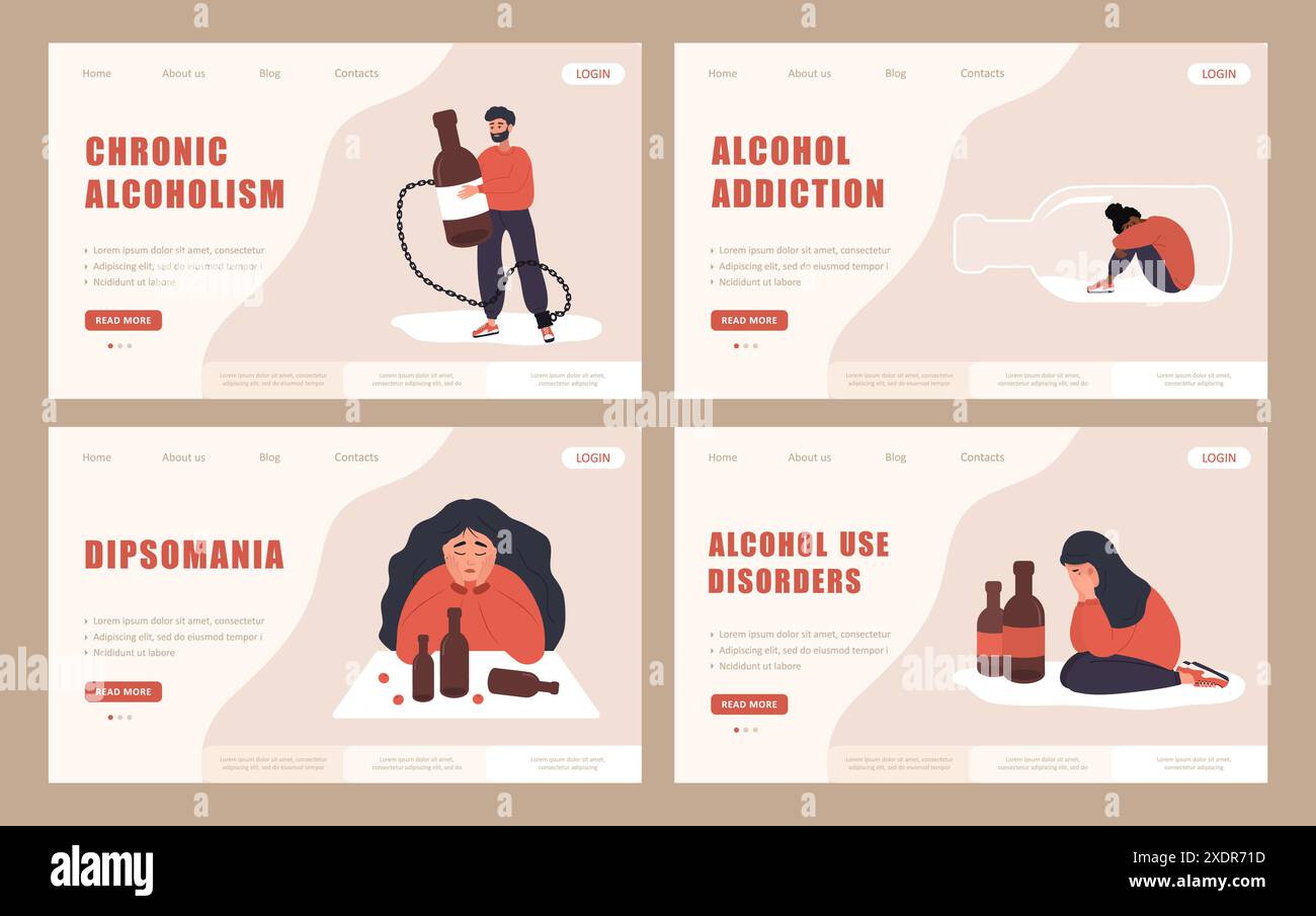 Alcoholism concept. Set of Landing page template. Depressed Characters ...
