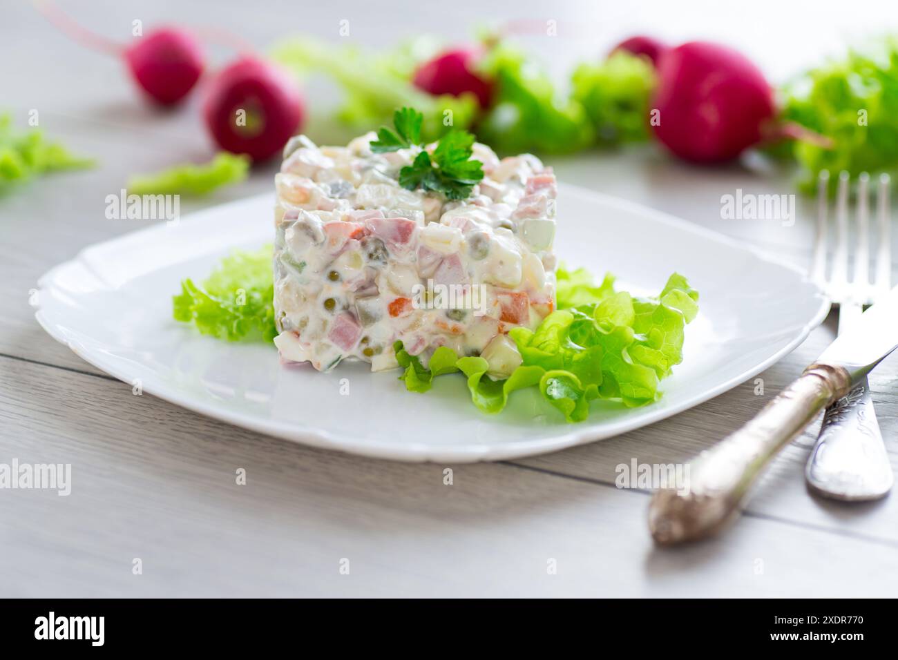 vegetable salad with boiled vegetables and dressed with mayonnaise ...