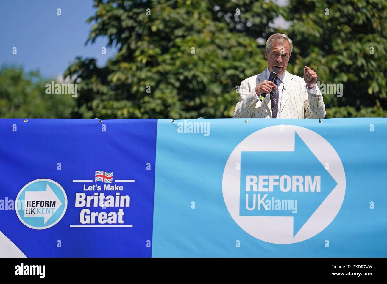 Reform UK leader Nigel Farage speaking at the Mercure Maidstone Great Danes Hotel in Maidstone ...