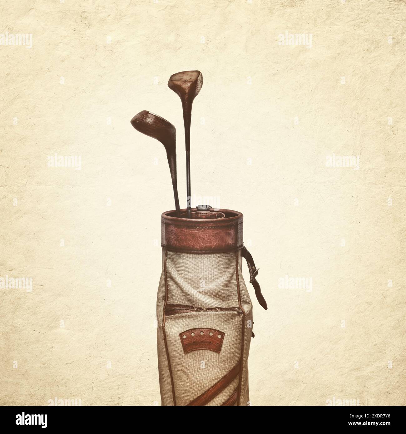 Retro styled image of an old golf bag with clubs on a sepia background ...