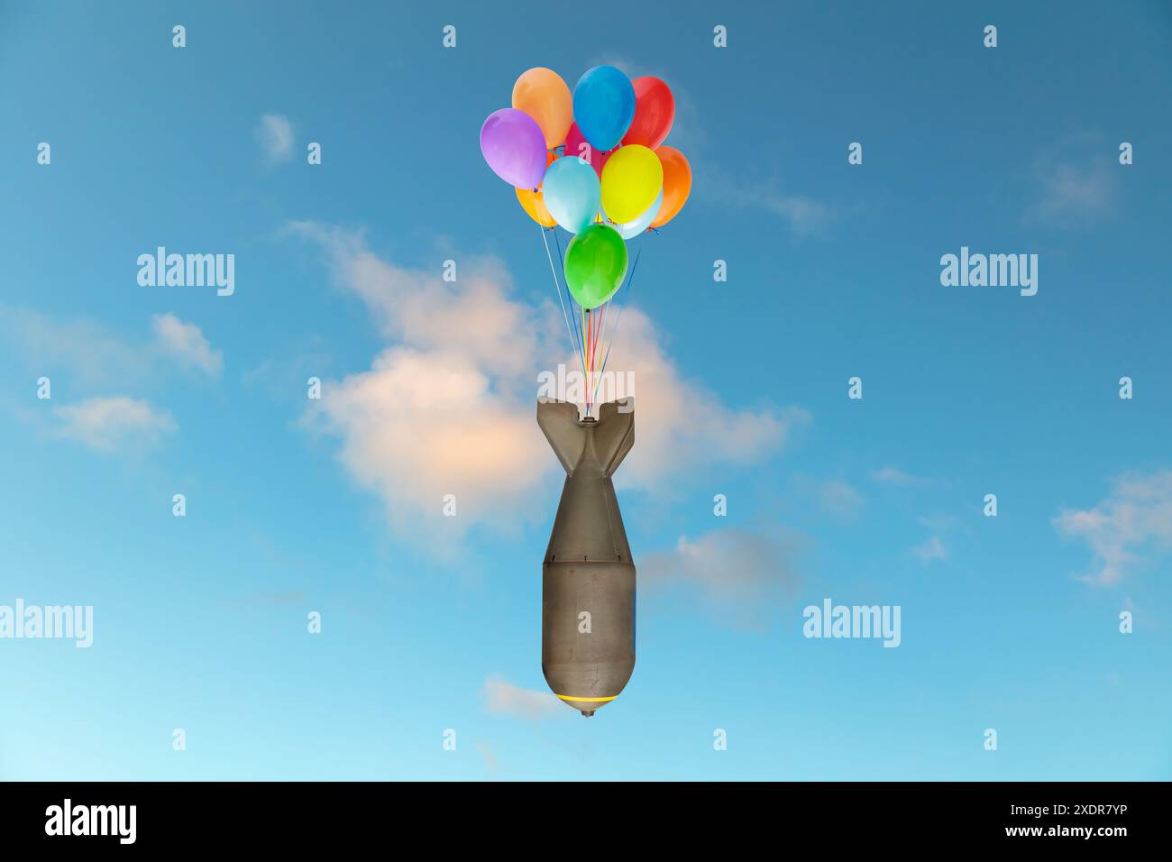 Falling green missile bomb hanging on colorful balloons Stock Photo - Alamy