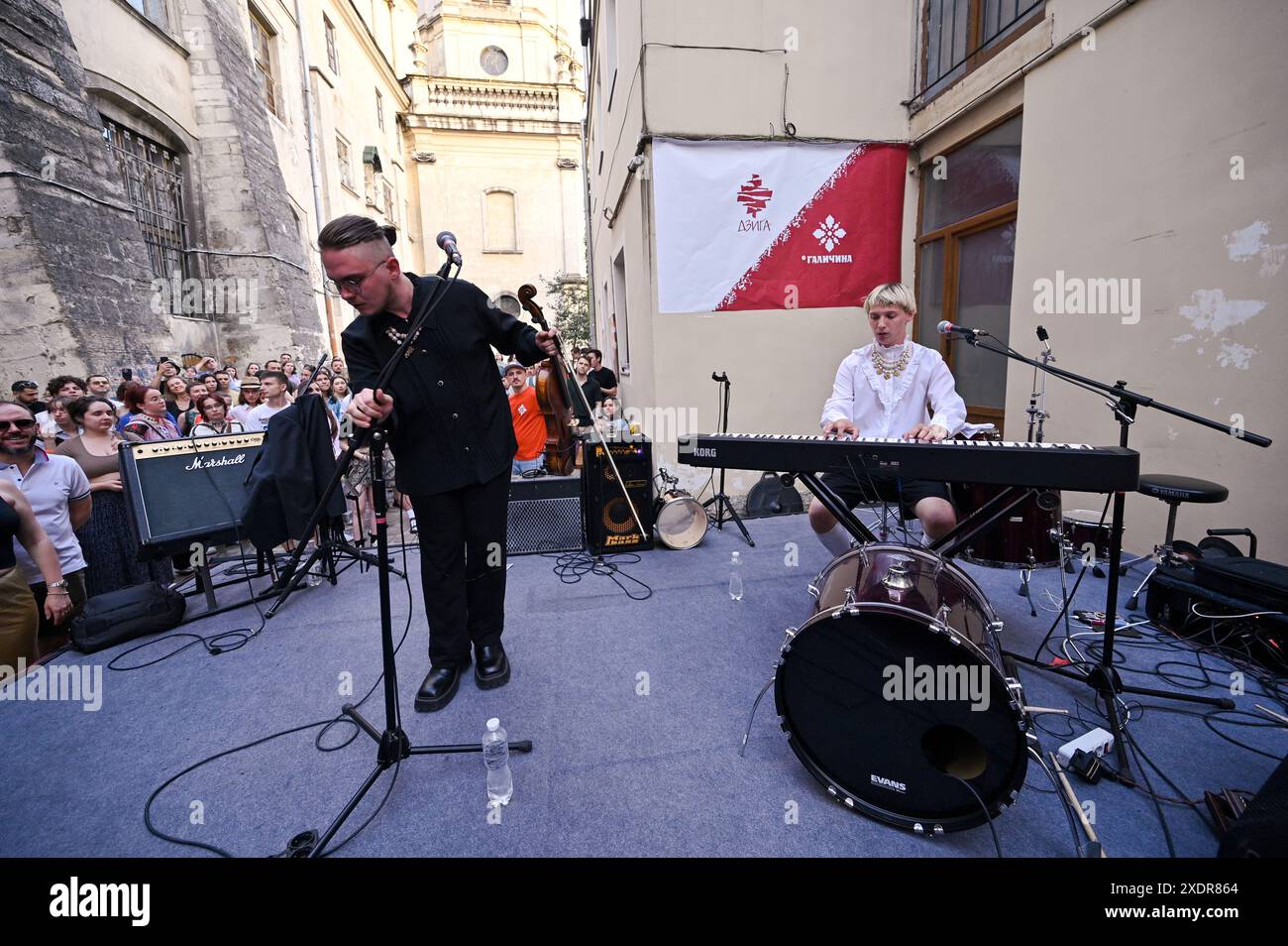 LVIV, UKRAINE - JUNE 21, 2024 - Pavlo Gots (L) and Yaroslav Yarovenko of the NAZVA band are ...