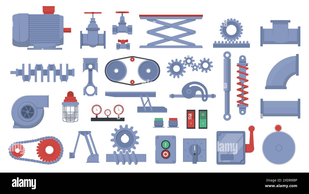 Machine parts. Different mechanical details. Metal gears. Pipe valves ...