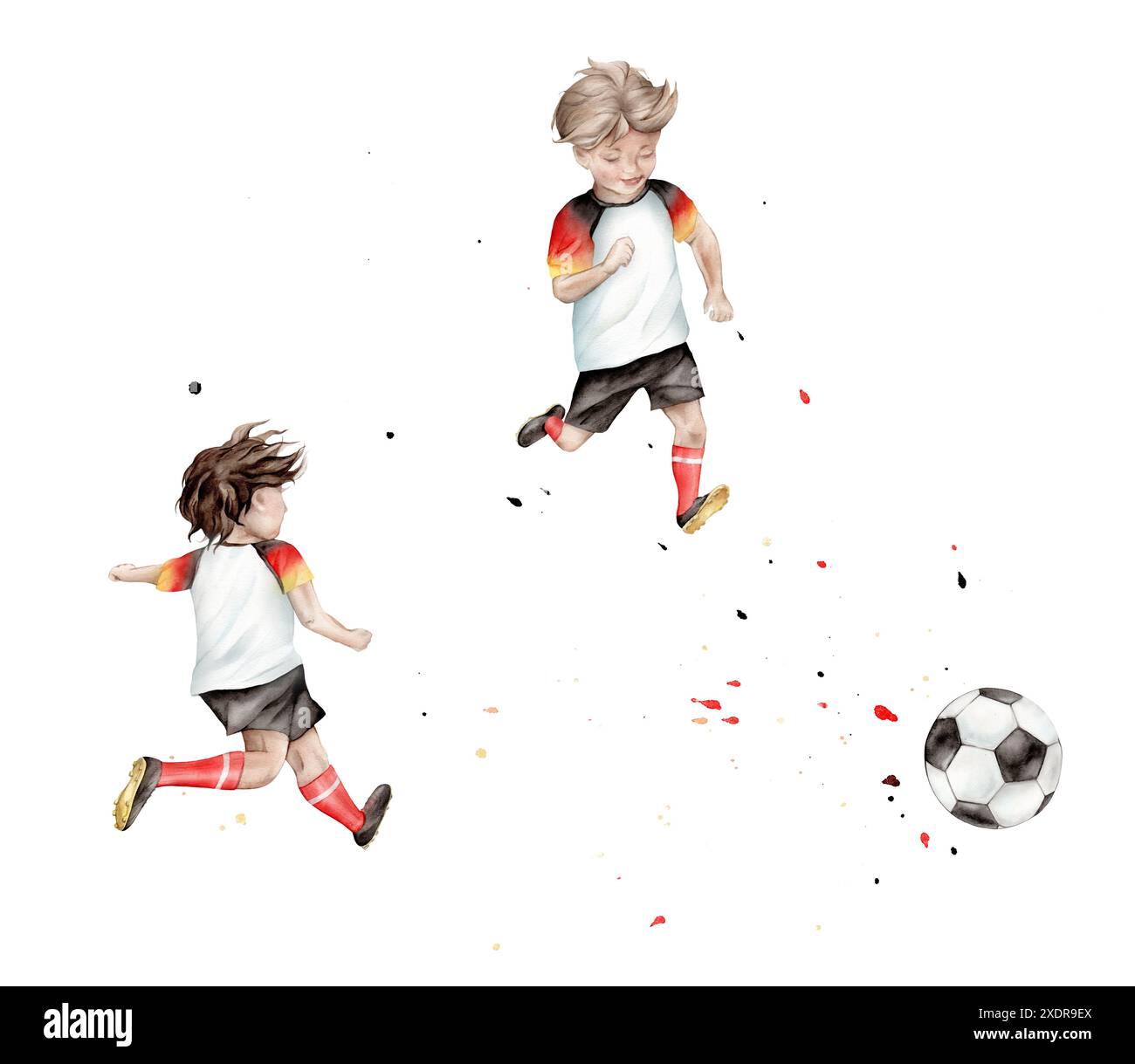 Football player young sportsman hand drawn with watercolor ball and red ...