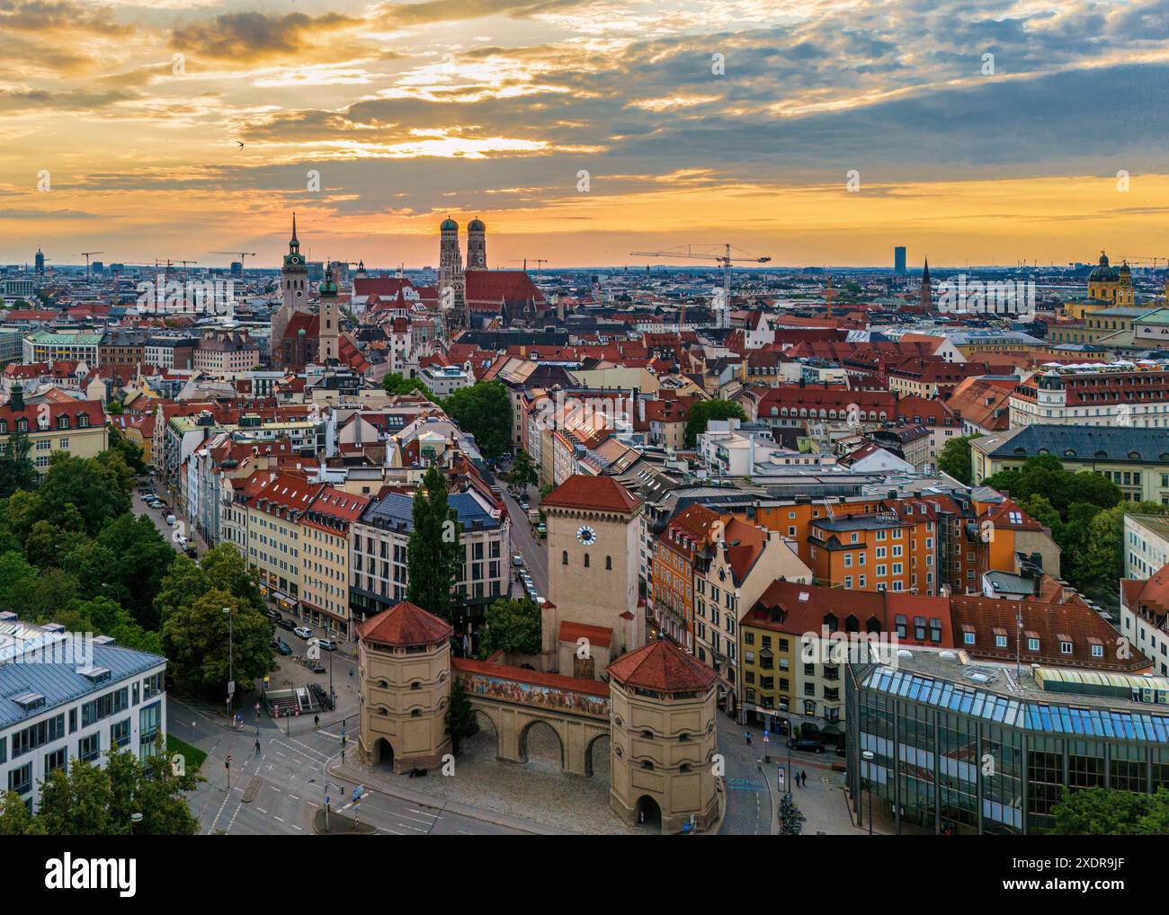 Frauenkirche landmark seen at Sunset in an aerial view - Munich ...