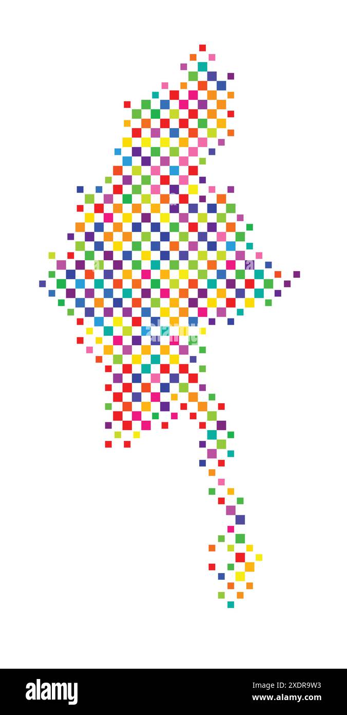 Abstract map of Myanmar with a pattern of colorful squares like a chess ...