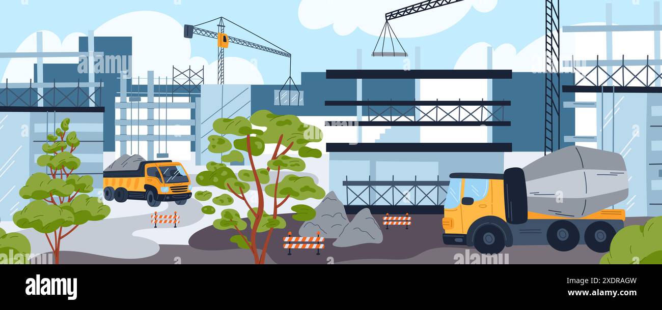 Construction site workflow. House building. Truck with industrial ...