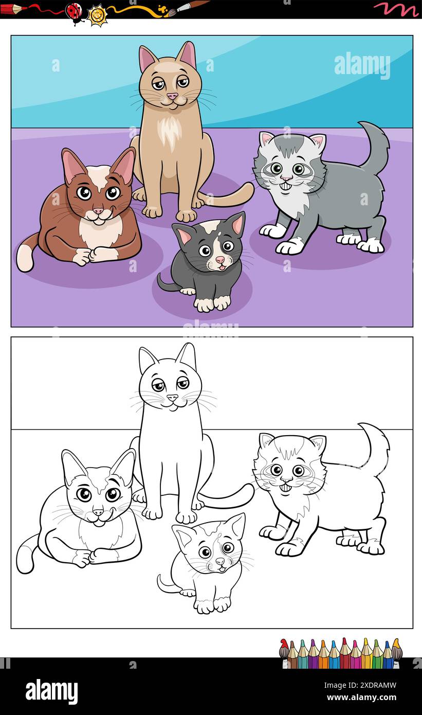 Cartoon illustration of cats and kittens animal characters group ...