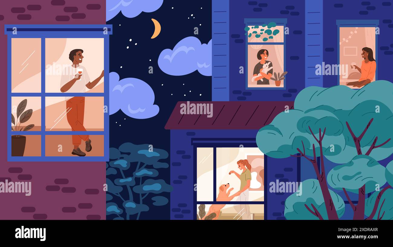 Evening houses. Neighbors in windows. Happy people on terraces. Man ...