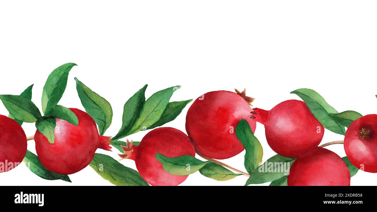 Seamless border with red pomegranates. Handmade watercolor illustration ...