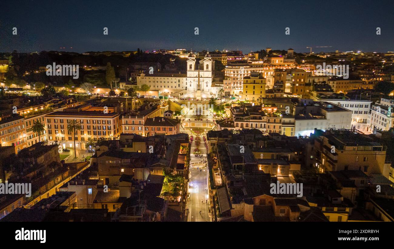 Amazing Aerial View Above the Spanish Steps in Rome, Italy at Nighttime ...