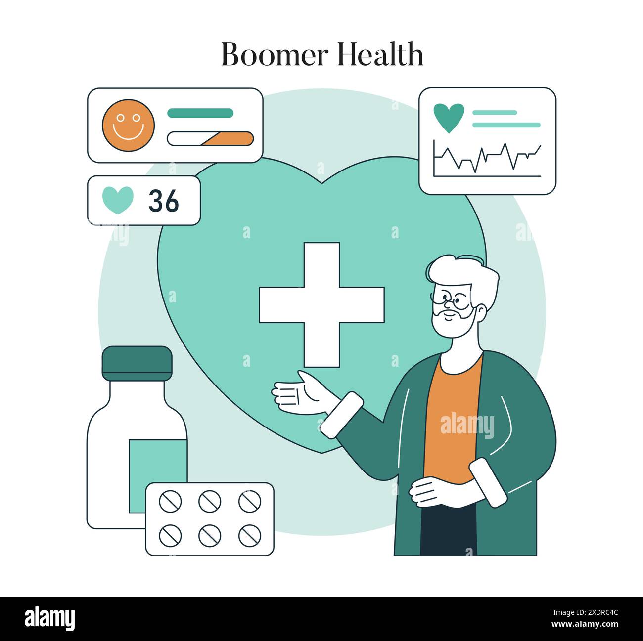 Boomer Health concept. An older adult with medical icons representing ...