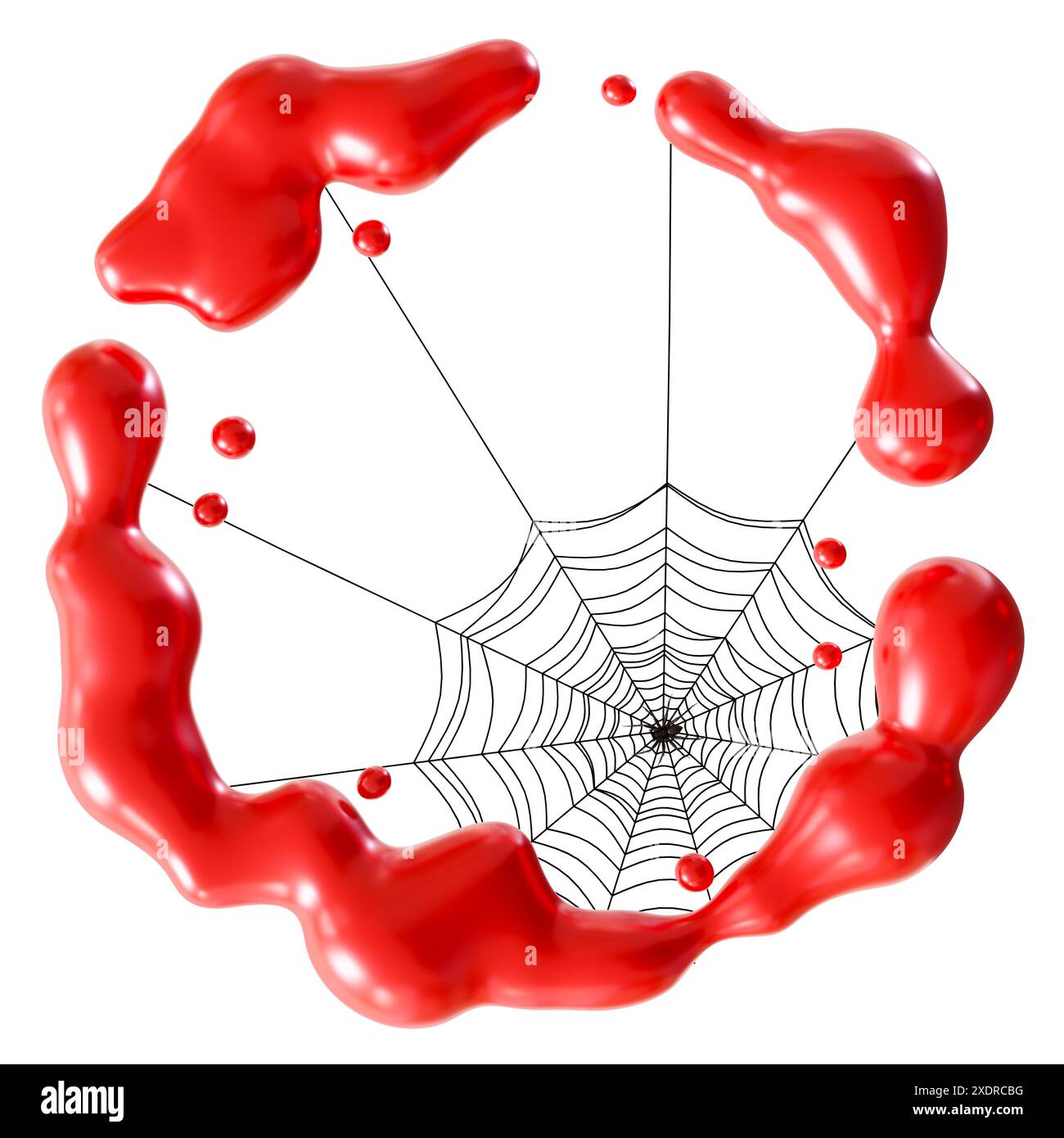 Vivid red blood splashes and spider with a web, isolated on white ...