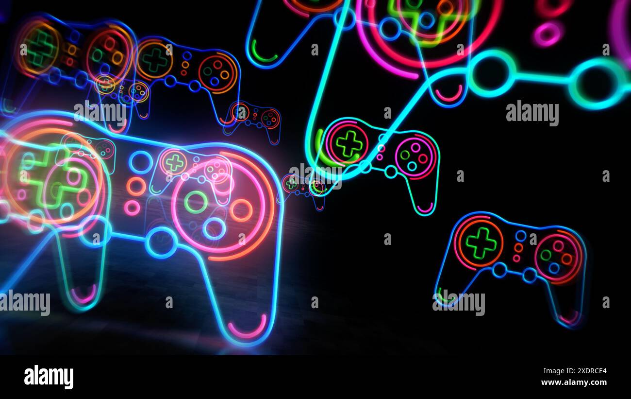 Gaming neon symbol. Game pad video retro console light color bulbs ...