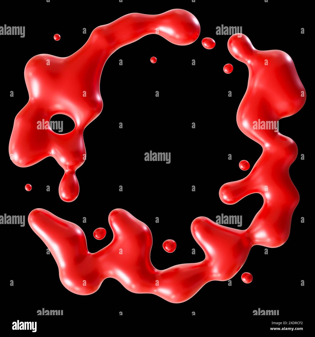 Vivid red blood splashes isolated on black background, dramatic and ...