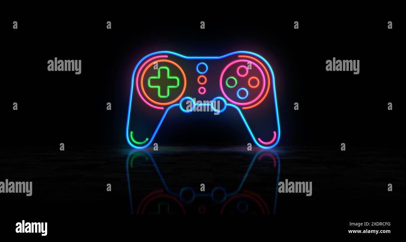 Gaming neon symbol. Game pad video retro console light color bulbs ...