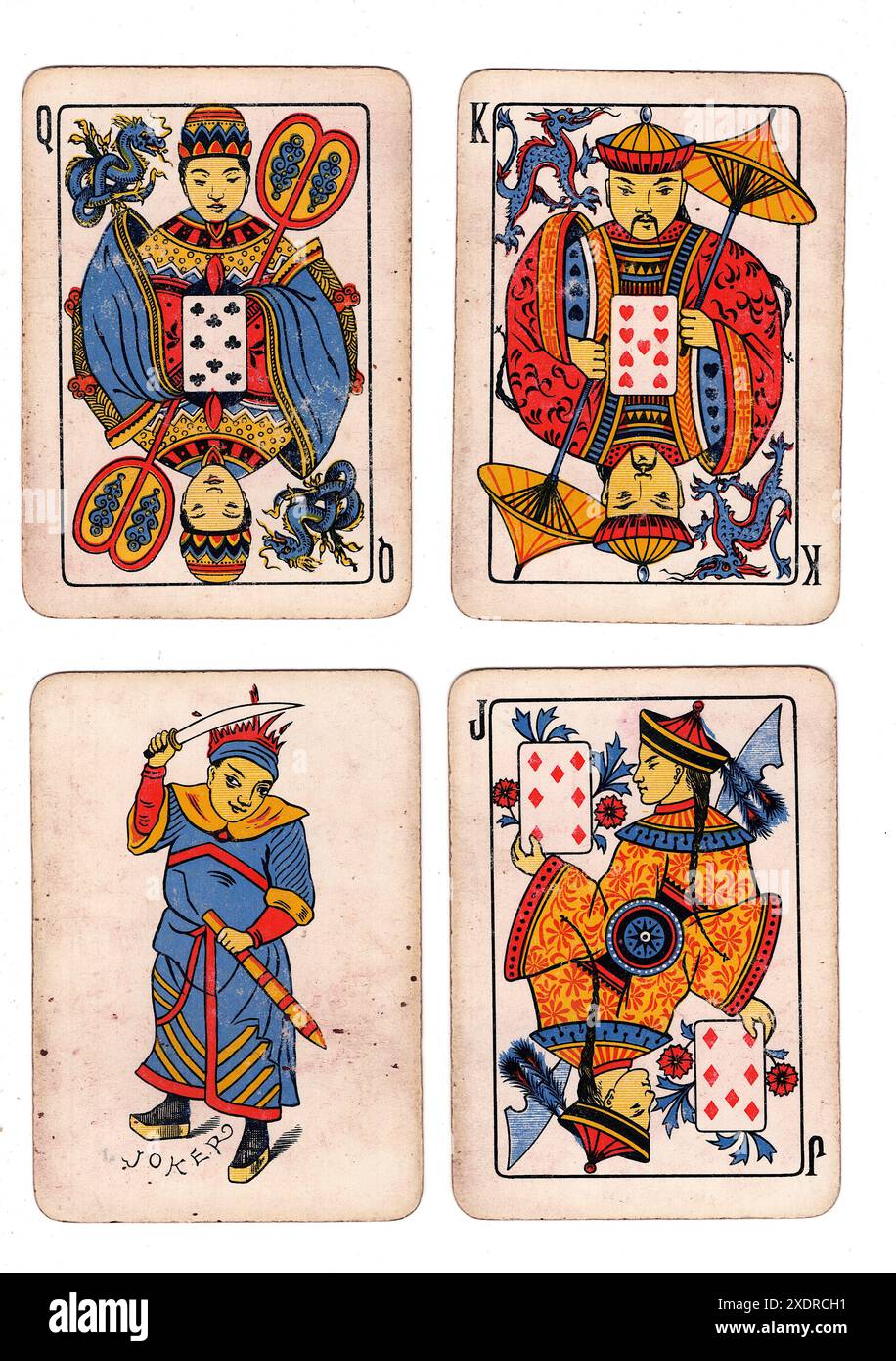 Antique Chinese style playing cards showing a king, queen, jack and ace ...