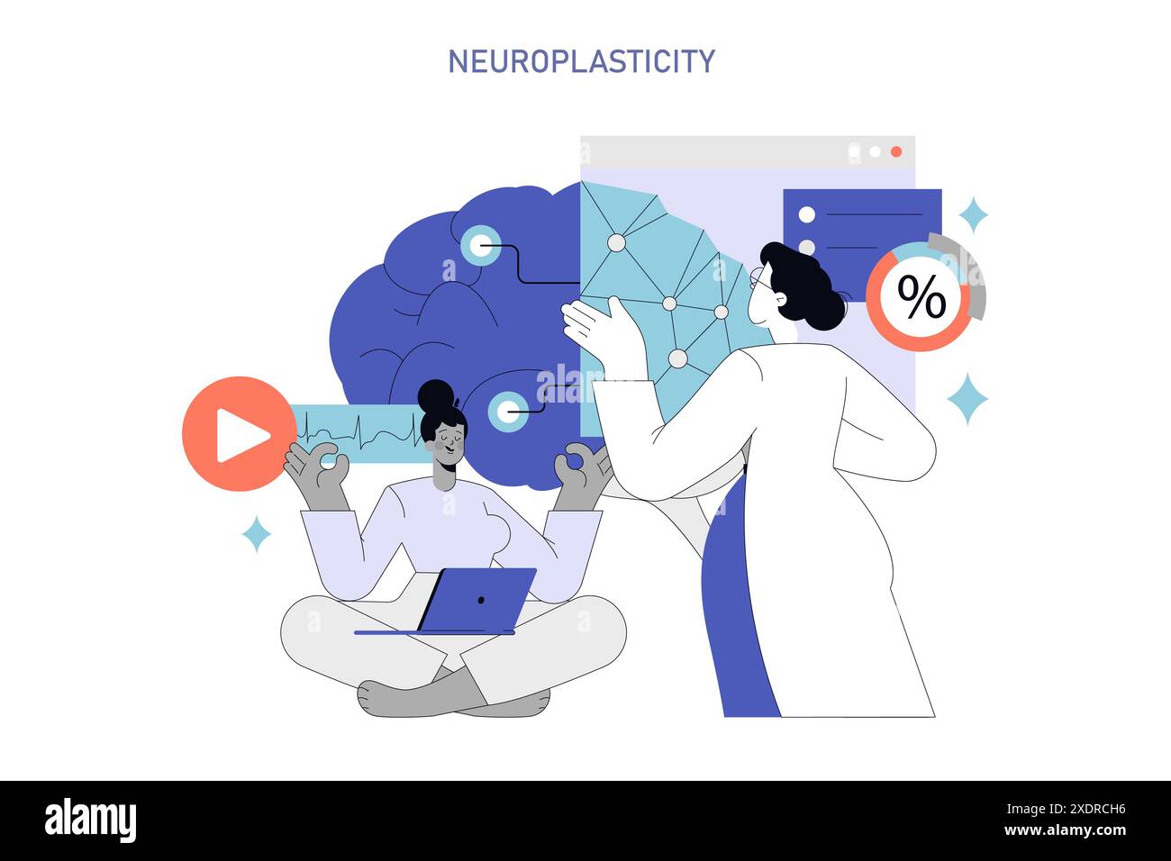 Neuroplasticity concept. A scientist interacts with a digital brain ...