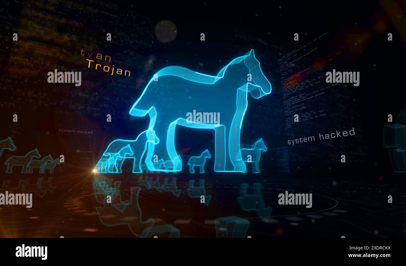 Trojan virus cyber crime and security breach symbol digital concept ...