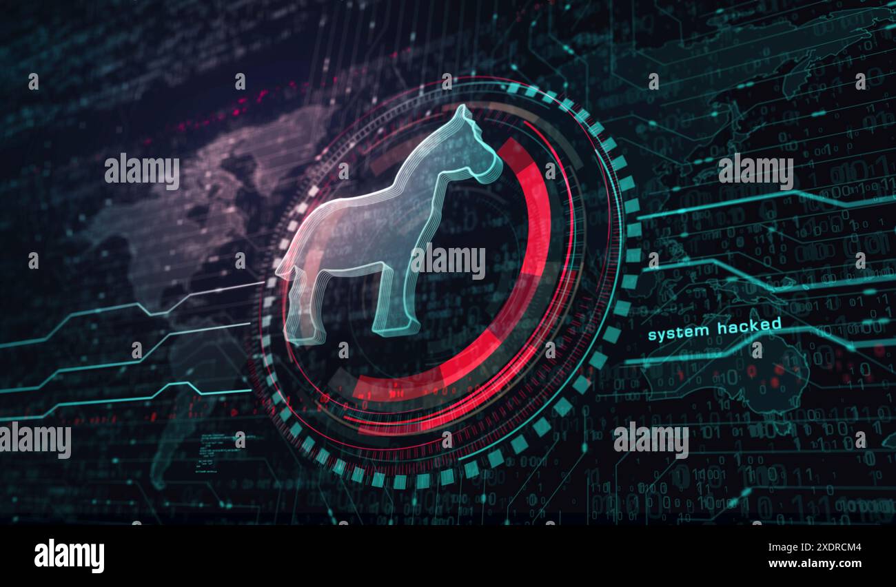 Trojan virus cyber crime and security breach symbol digital concept. Network, cyber technology ...