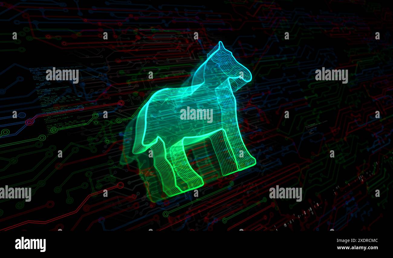 Trojan virus cyber crime and security breach symbol digital concept. Network, cyber technology ...