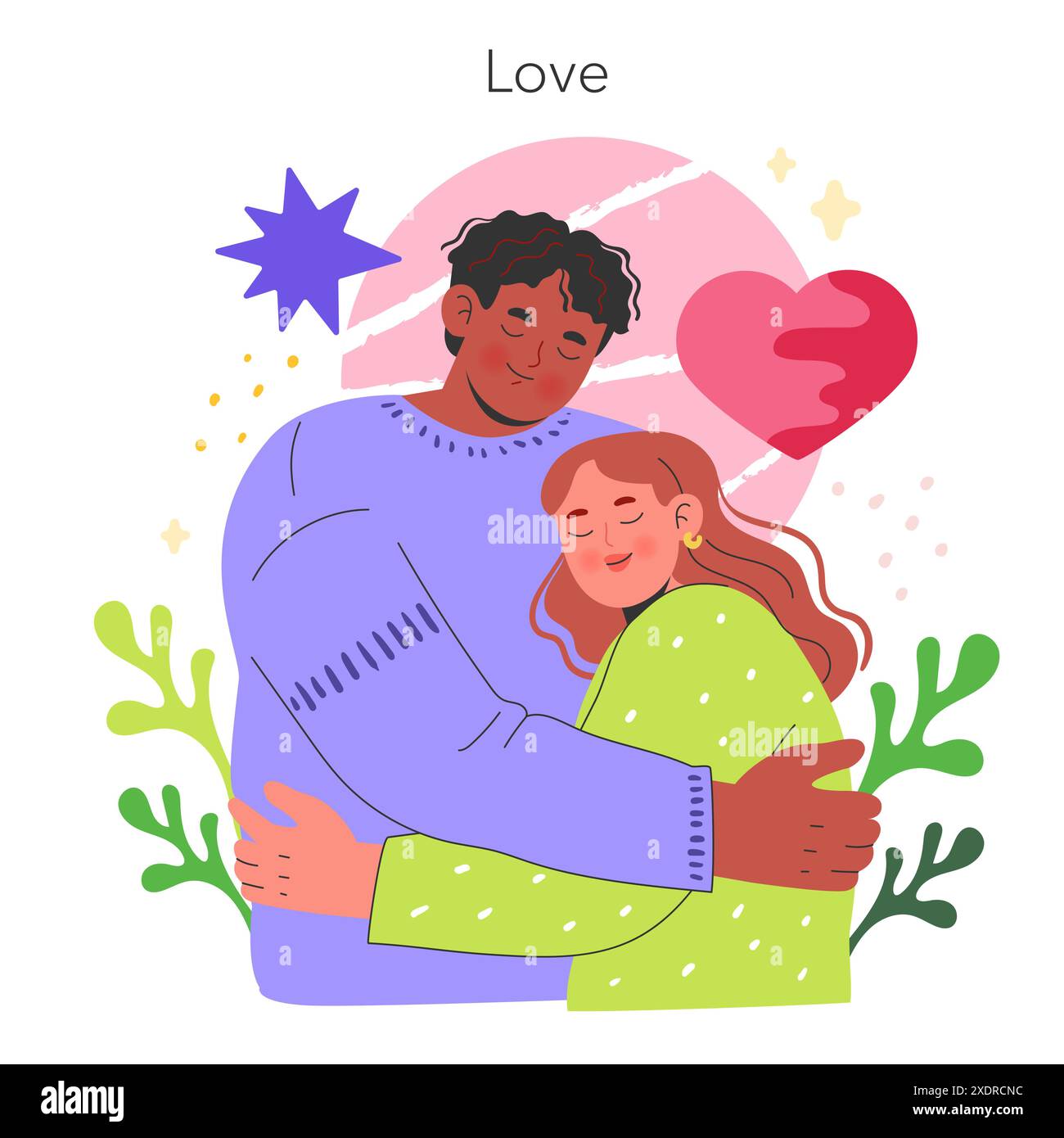 Love concept. Tender embrace of a couple surrounded by whimsical shapes ...