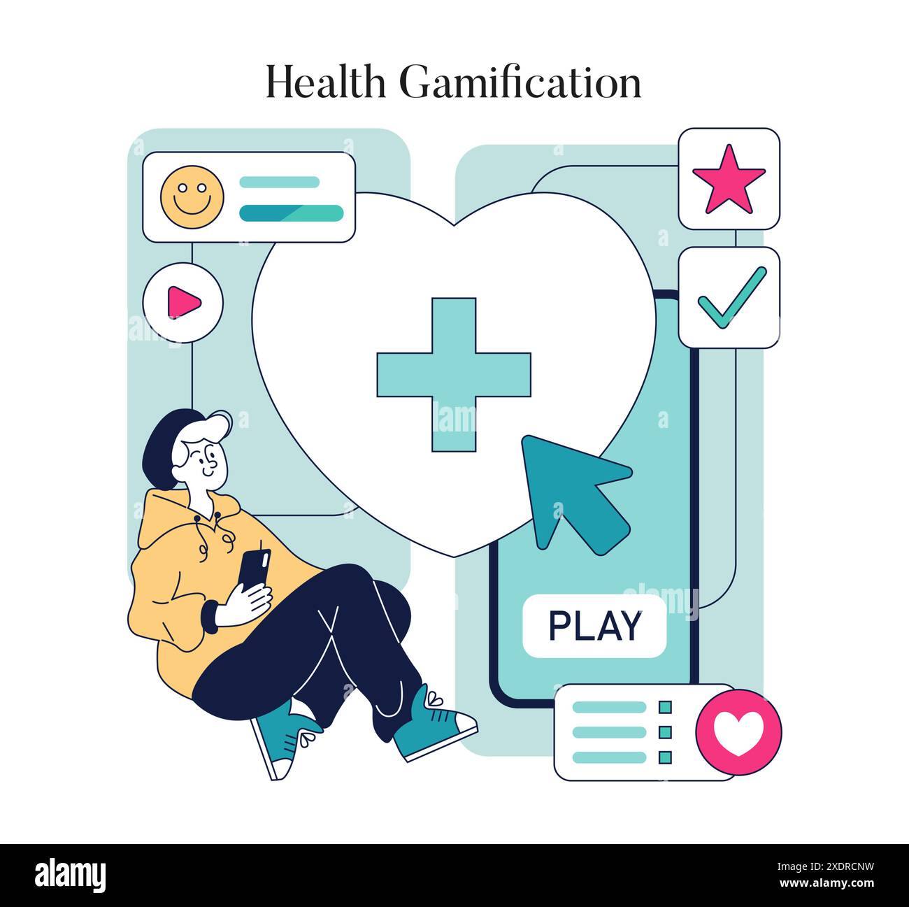 Health Gamification concept. Illustration of a person using a mobile ... Health Gamification concept. Illustration of a person using a mobile ...
