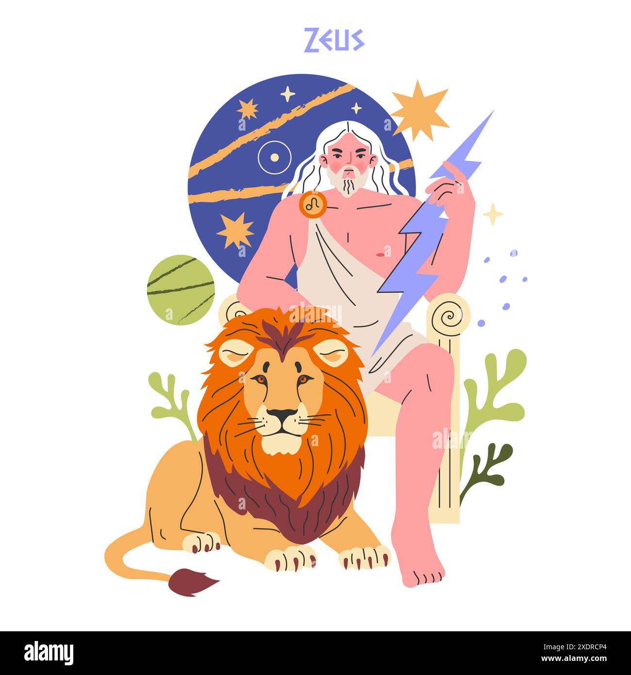 Ancient Greek God concept. Zeus seated with a thunderbolt, cosmic ...