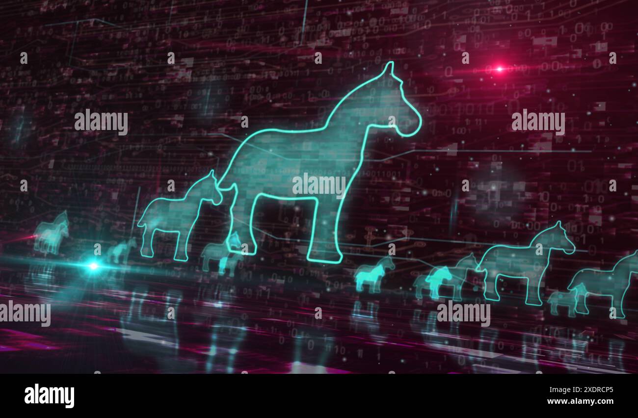 Trojan virus cyber crime and security breach symbol digital concept. Network, cyber technology ...